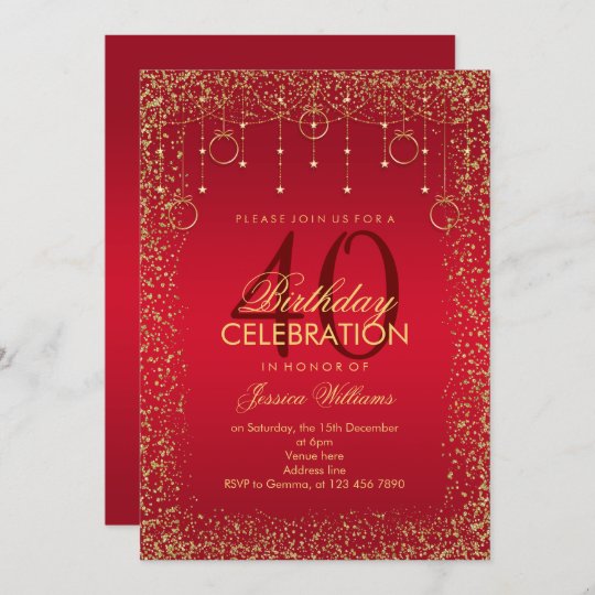 Ruby Red & Gold Glitter Decoration Birthday Invitation | Zazzle.com