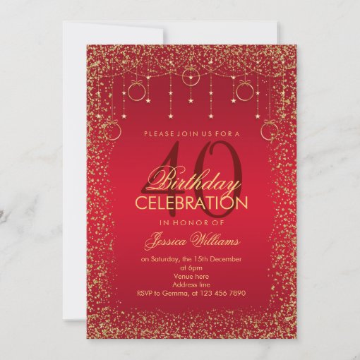 Ruby Red & Gold Glitter Decoration Birthday Invitation | Zazzle