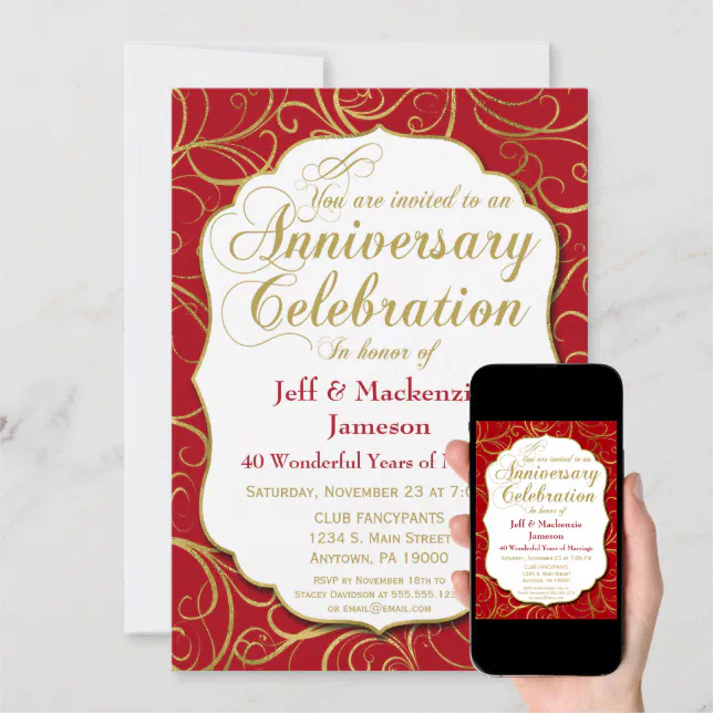 Ruby Red Gold Swirl Anniversary Invitation Elegant | Zazzle