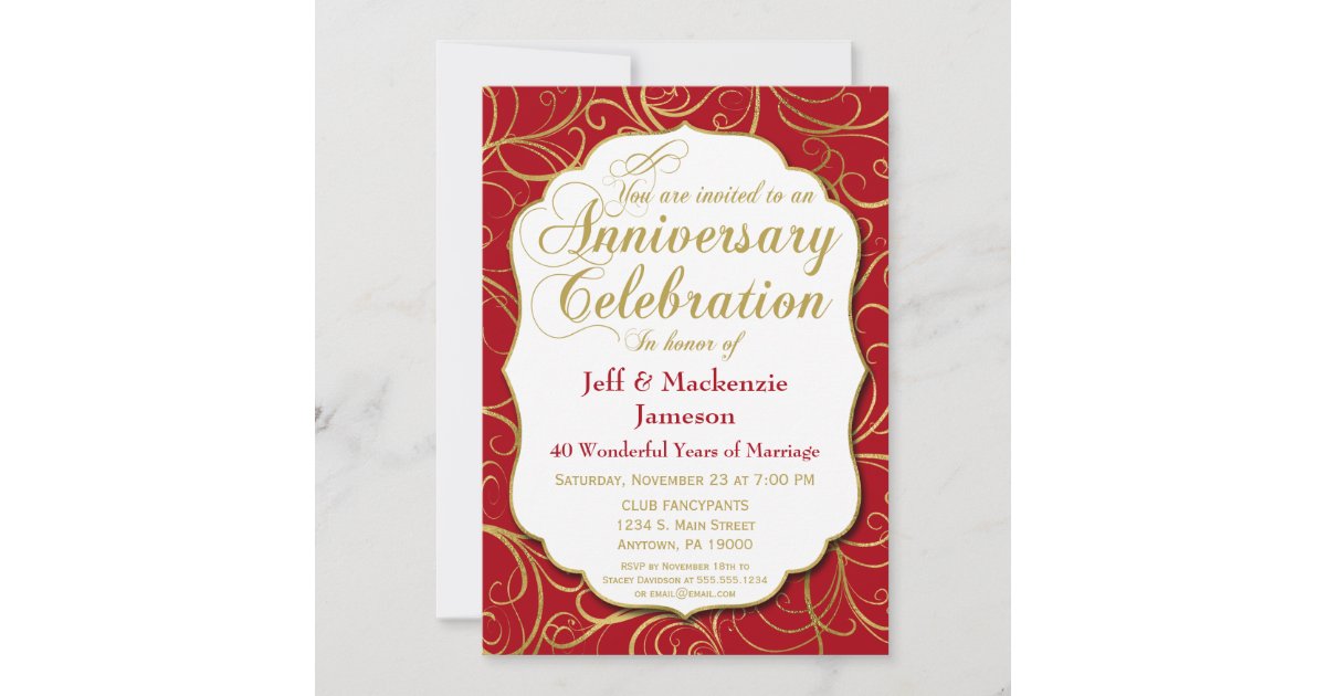 Ruby Red Gold Swirl Anniversary Invitation Elegant | Zazzle