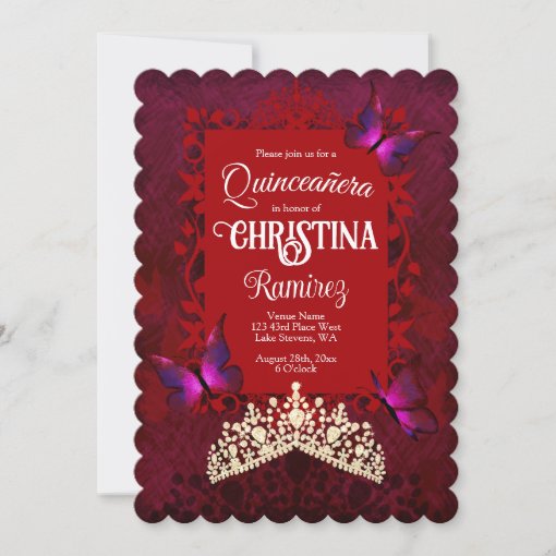 Ruby Red, Gold Tiara, Pink Butterflies Quinceanera Invitation | Zazzle