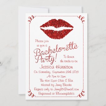 Ruby Red Lips Glitter Effect Bachelorette Party Invitation | Zazzle