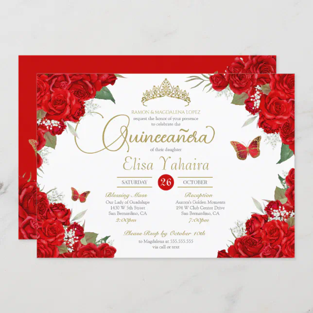 Ruby Red Roses Floral Tiara Butterfly Quinceanera Invitation | Zazzle