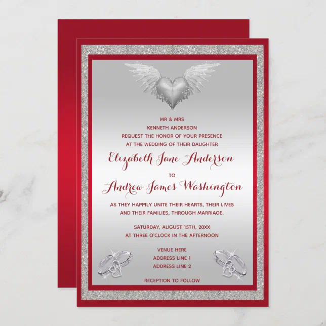 Ruby Red, Sparkly Rings & Feather Heart Wedding Invitation | Zazzle