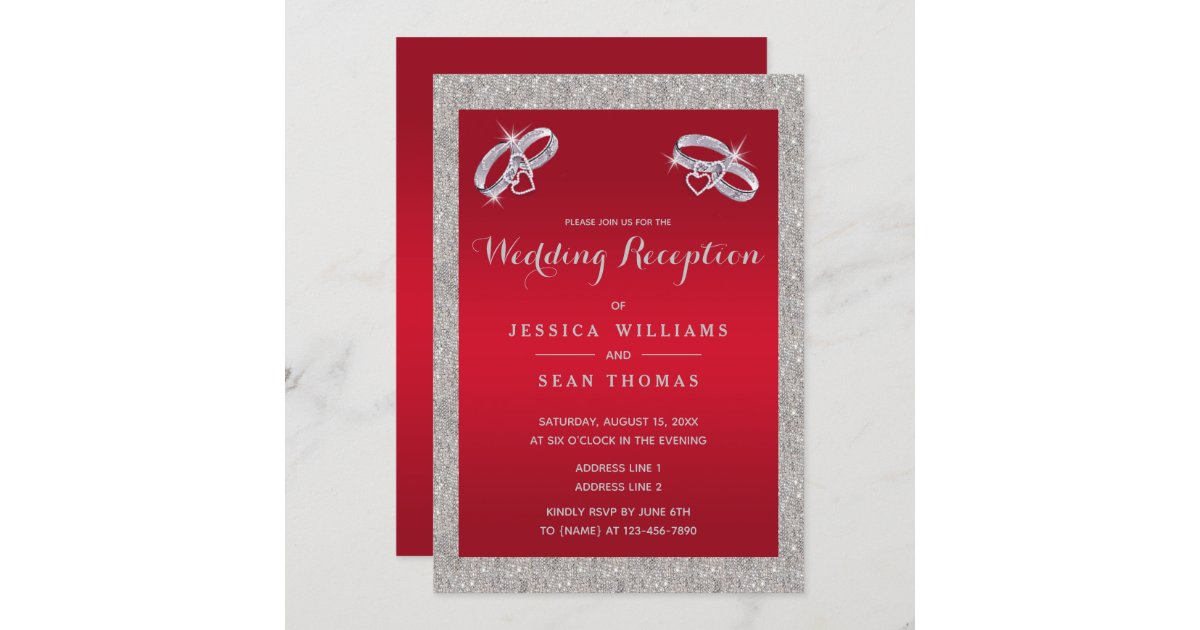 Ruby Red, Sparkly Silver Rings Wedding Reception Invitation | Zazzle