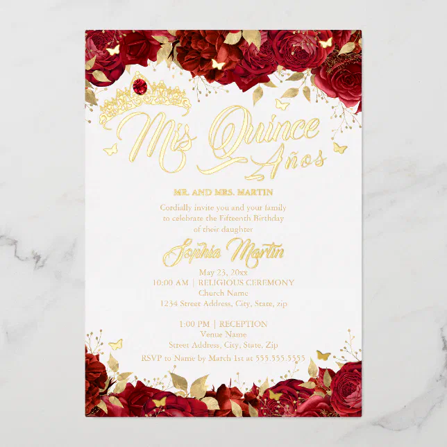 Ruby Rose Red Mis Quince Gold Quinceanera Foil Invitation | Zazzle