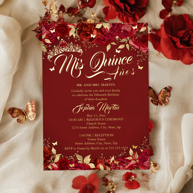 Ruby Rose Red Mis Quince Quinceanera Foil Invitation | Zazzle