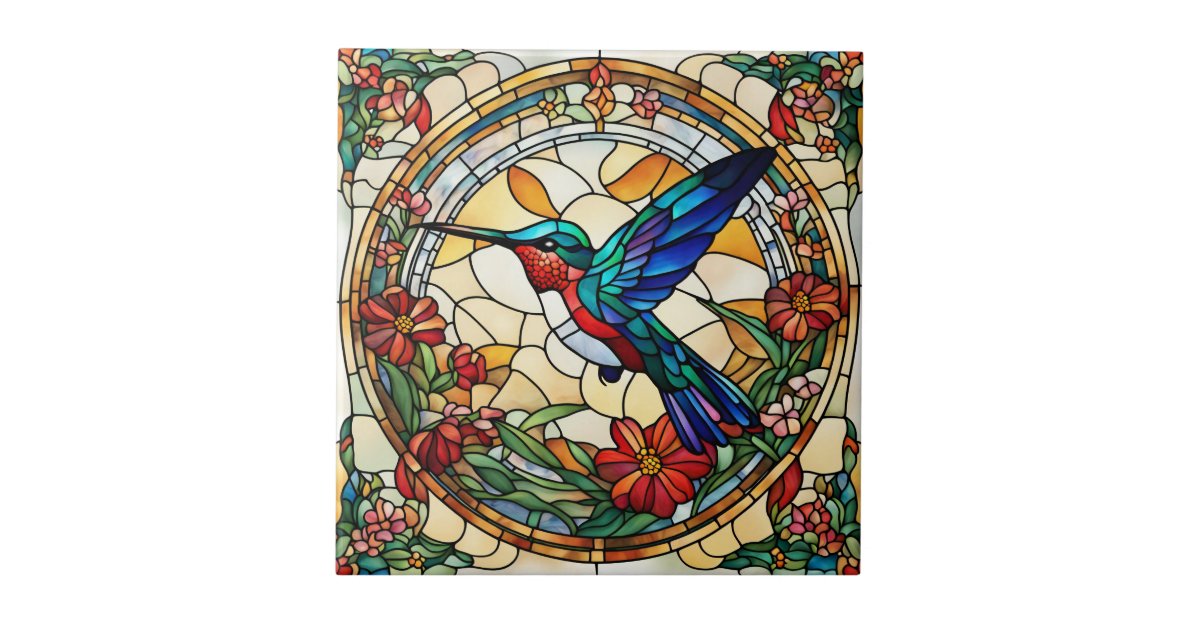 Ruby Throated Hummingbird Faux Stained Glass Ceramic Tile | Zazzle