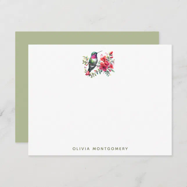 Ruby-Throated Hummingbird Red Flowers Personal Note Card | Zazzle