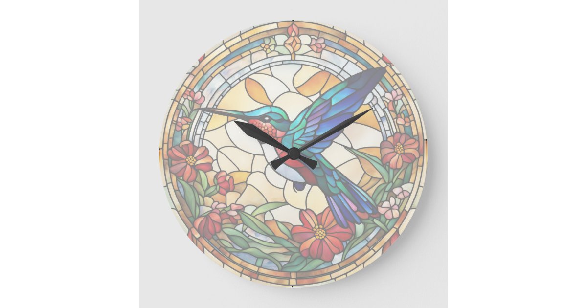 Ruby Throated Hummingbird Stained Glass Bird Clock | Zazzle