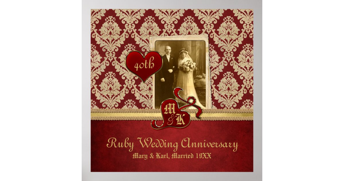 Ruby Wedding Anniversary Antique Damask Gold Red Poster | Zazzle
