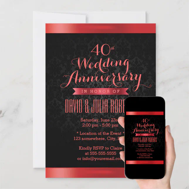 Ruby Wedding Anniversary Elegant Black Damask Invitation | Zazzle