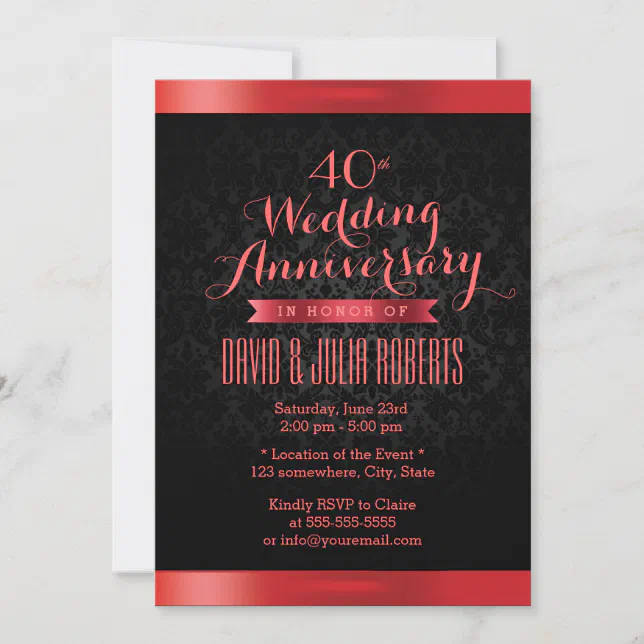 Ruby Wedding Anniversary Elegant Black Damask Invitation | Zazzle