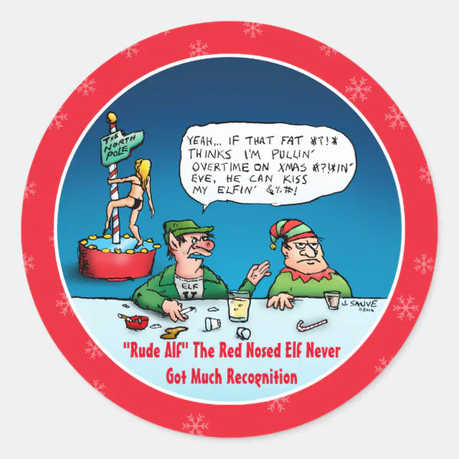 Rude Alf The Red Nose Elf Christmas Cartoon Classic Round Sticker | Zazzle