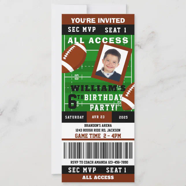 Rugby Football Ticket Photo Birthday Invitation | Zazzle