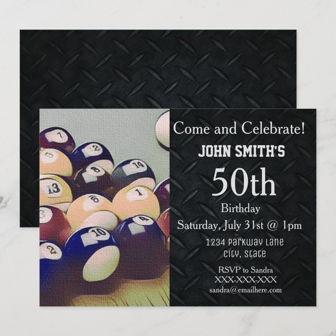 Rugged Adult Billiards Men's Birthday Invitations | Zazzle
