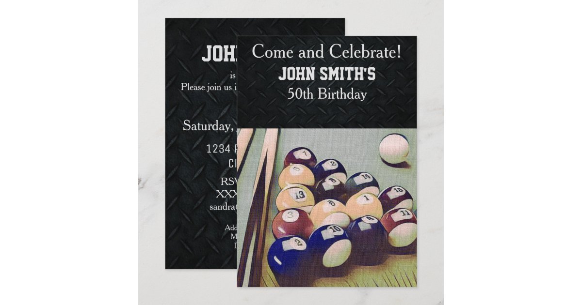 Rugged Adult Billiards Men's Birthday Invitations | Zazzle