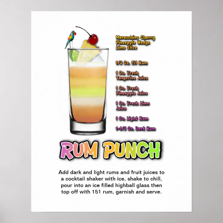 RUM PUNCH Cocktail Recipe 16" x 20" Art Poster | Zazzle