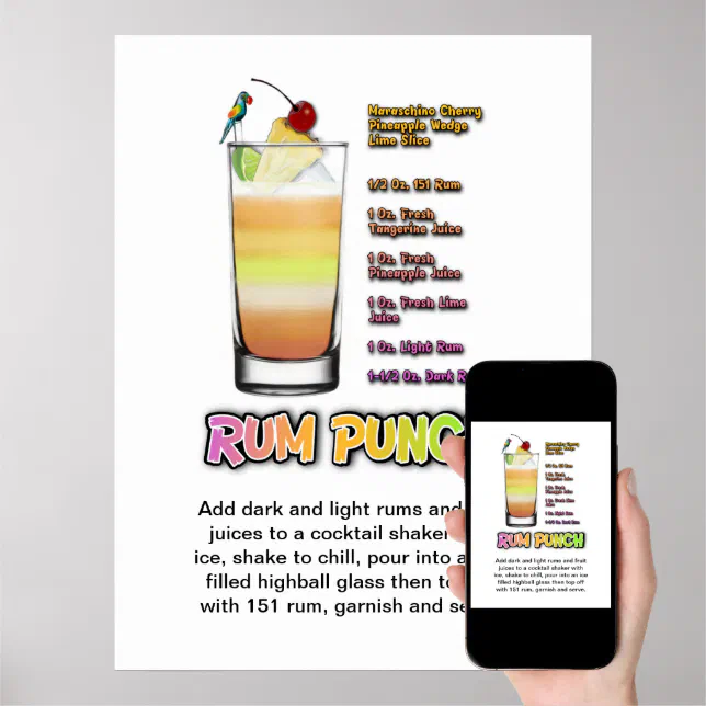 RUM PUNCH Cocktail Recipe 18" x 24" Art Poster | Zazzle