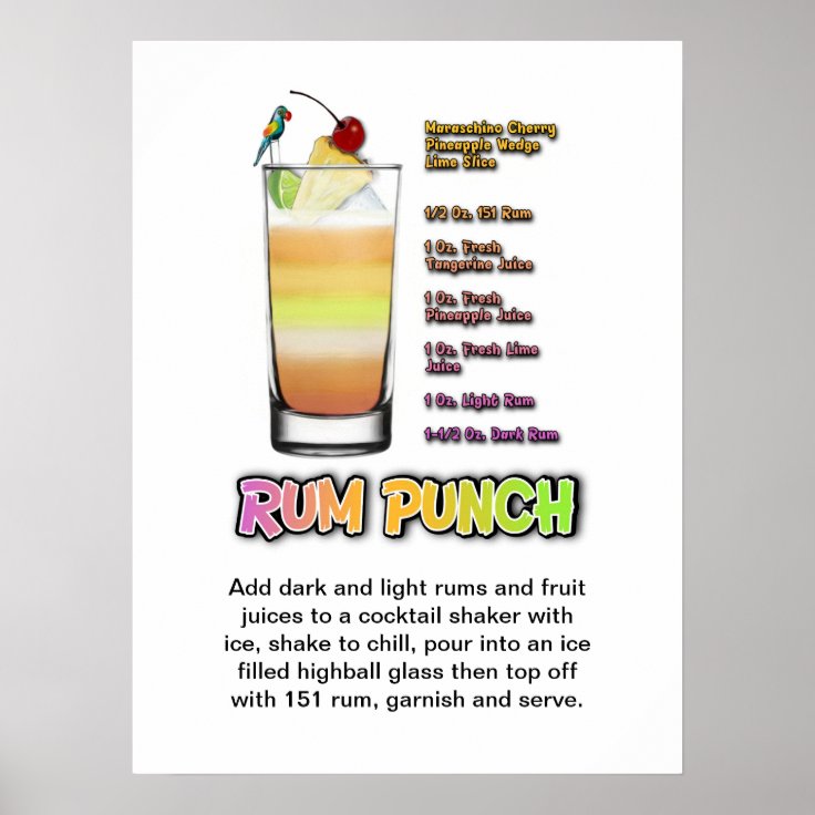 RUM PUNCH Cocktail Recipe 18" x 24" Art Poster | Zazzle
