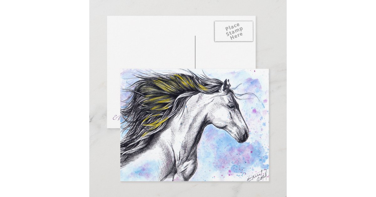Running horse Watercolor and Ink Equine art Postcard | Zazzle