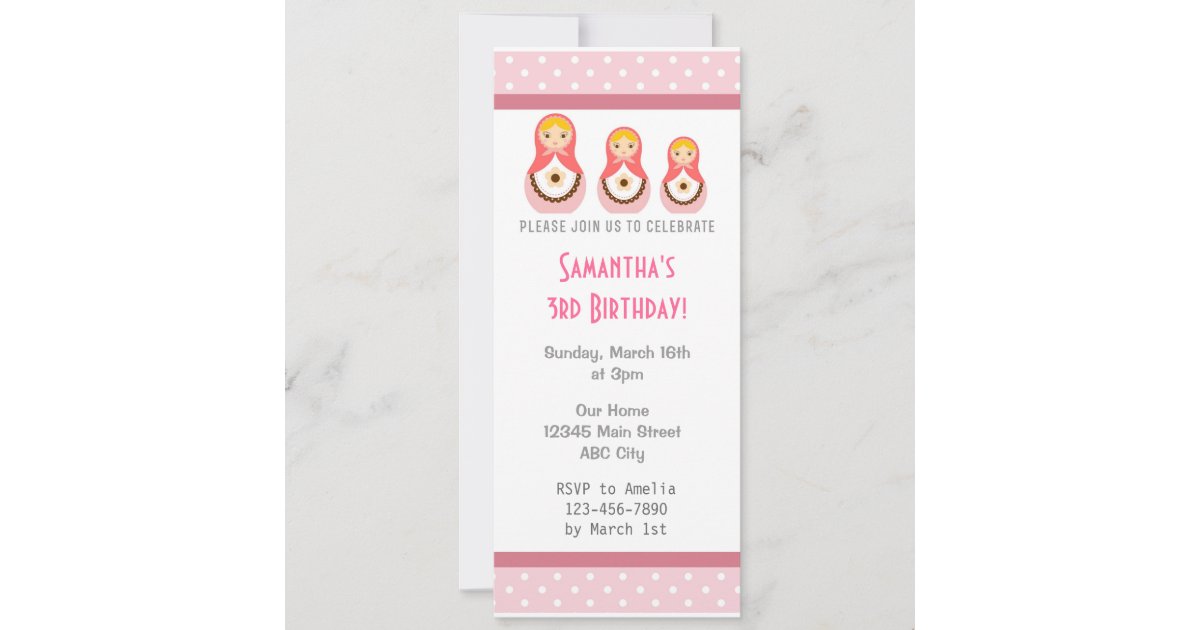Russian Dolls Birthday Invitation Pink Polka Dot | Zazzle