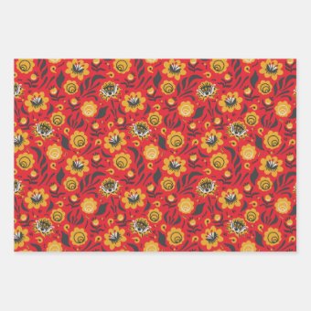 Russian Folk Art Red Berries Black Foliage YELLOW Wrapping Paper Sheets ...