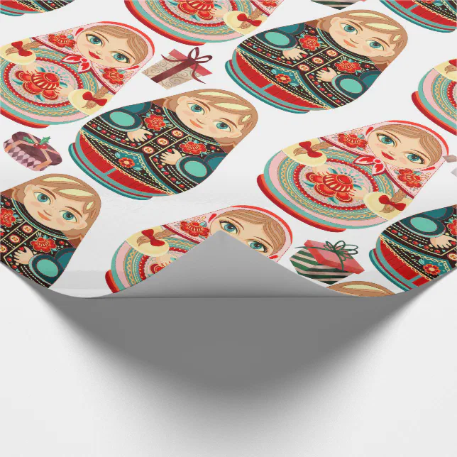 Russian Matryoshka Dolls Mr & Mrs pink navy & red Wrapping Paper | Zazzle