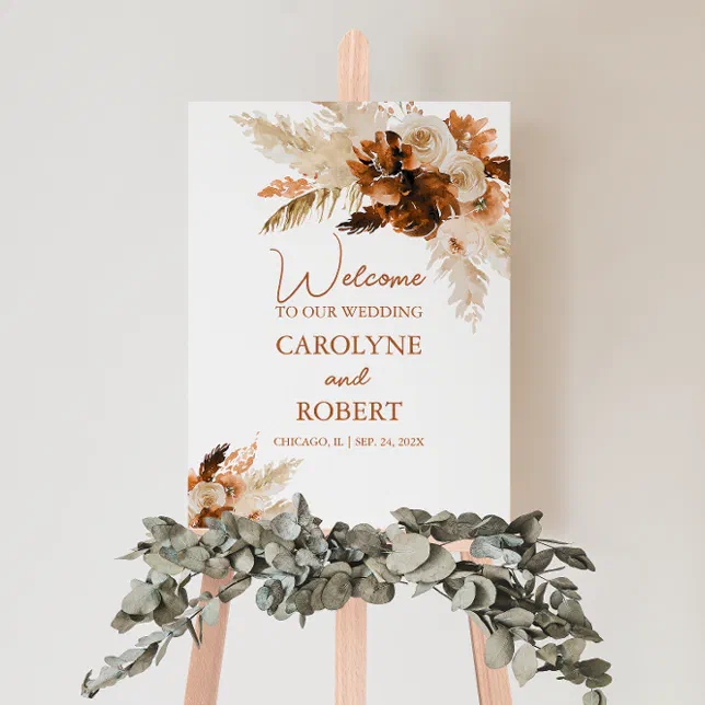 Rust Bohemian Pampas Grass Wedding Welcome Sign | Zazzle