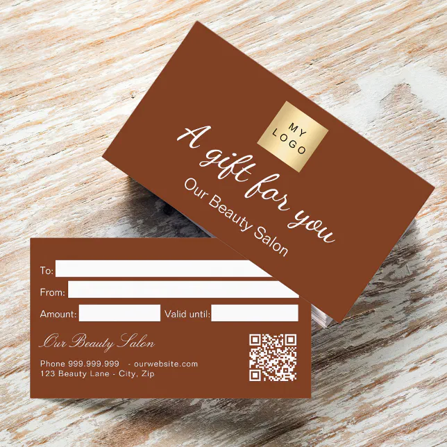 Rust burnt orange logo qr gift certificate card | Zazzle