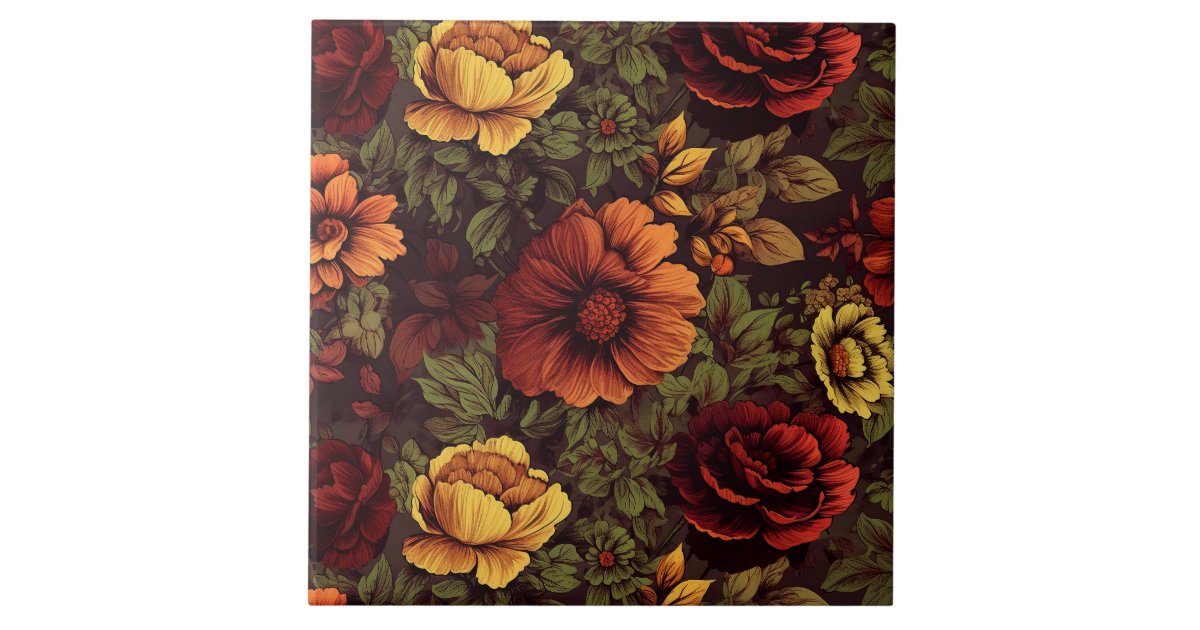 Rust Color Vintage Floral Print Ceramic Tile | Zazzle