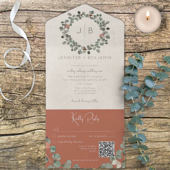 Rust & Green Eucalyptus Modern QR Code All In One Invitation | Zazzle