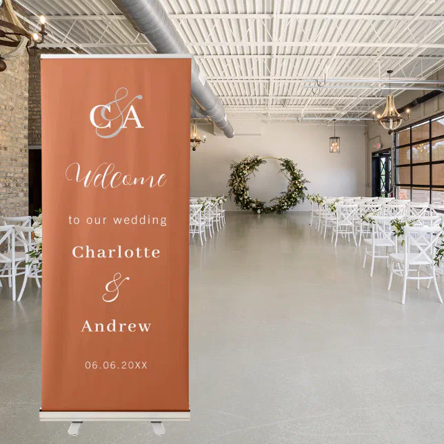Rust modern simple monogram wedding welcome retractable banner | Zazzle