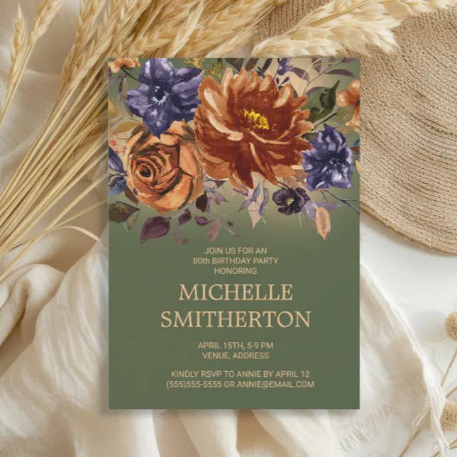 Rust Orange Blue Floral Green 90th Birthday Invita Invitation | Zazzle