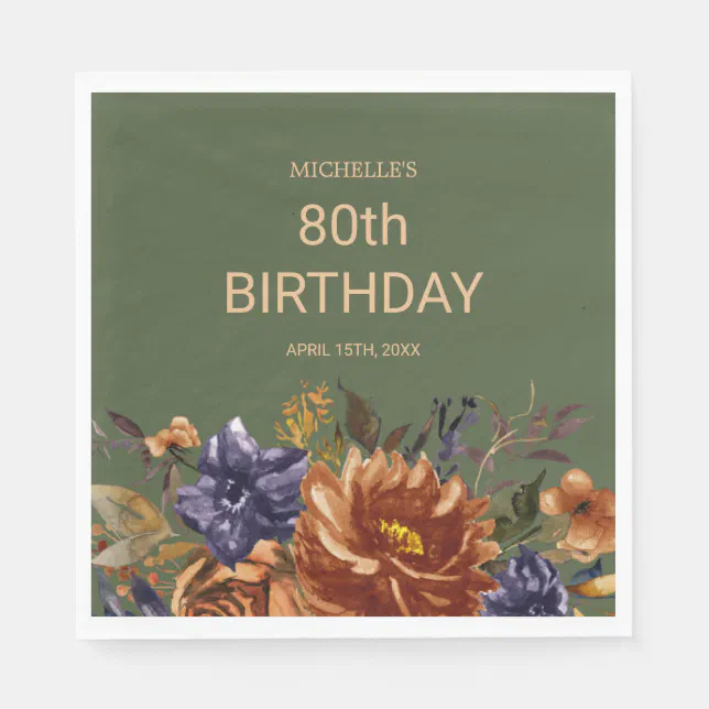 Rust Orange Blue Floral Green Birthday Napkins | Zazzle