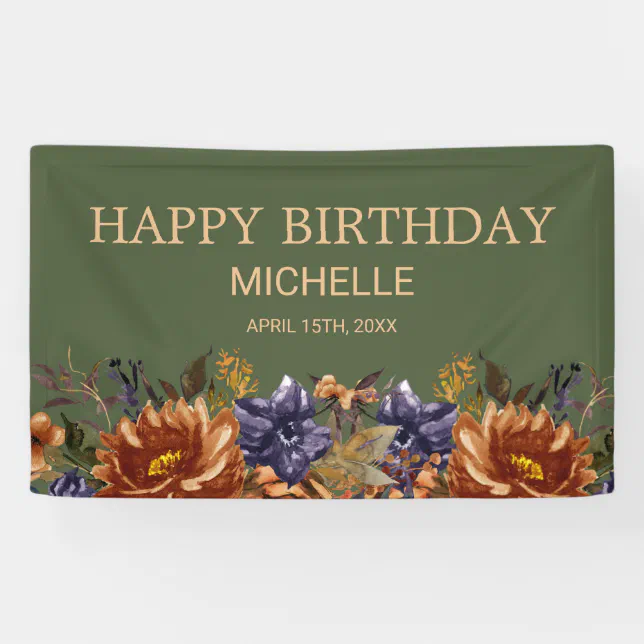Rust Orange Blue Floral Green Birthday Welcome Banner | Zazzle