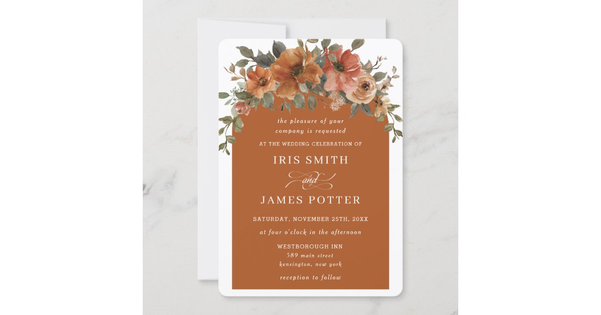 Rust Orange Copper Earthy Tone Floral Arch Wedding Invitation | Zazzle