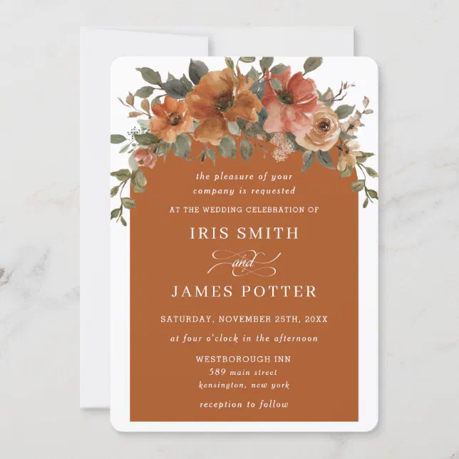 Rust Orange Copper Earthy Tone Floral Arch Wedding Invitation | Zazzle