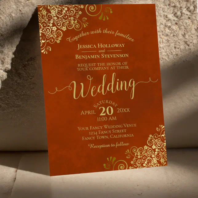 Rust Orange Elegant Gold Curls Calligraphy Wedding Invitation | Zazzle