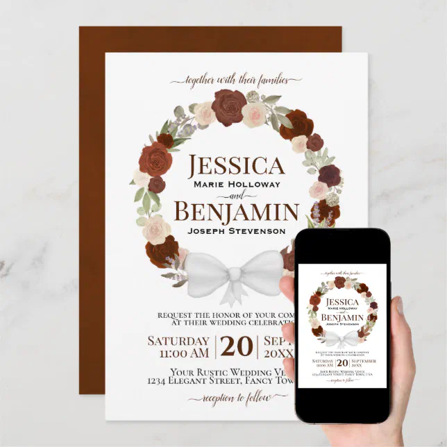 Rust Orange Floral Wreath Elegant Boho Wedding Invitation | Zazzle