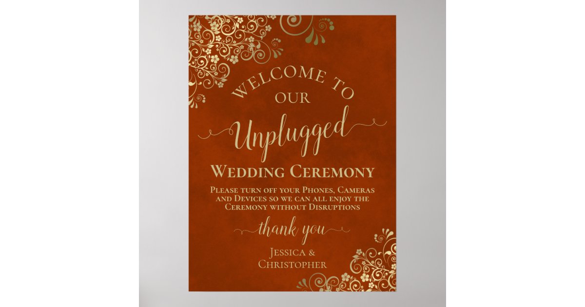 Rust Orange & Gold Chic Unplugged Wedding Ceremony Poster | Zazzle