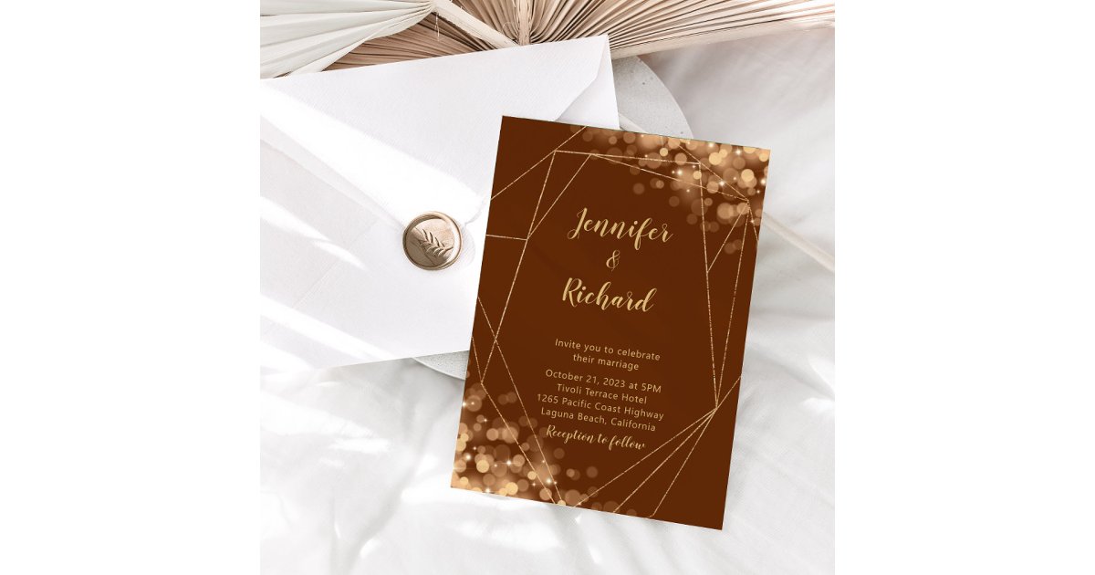 Rust Orange & Gold Frame with Bokeh Lights Invitation | Zazzle