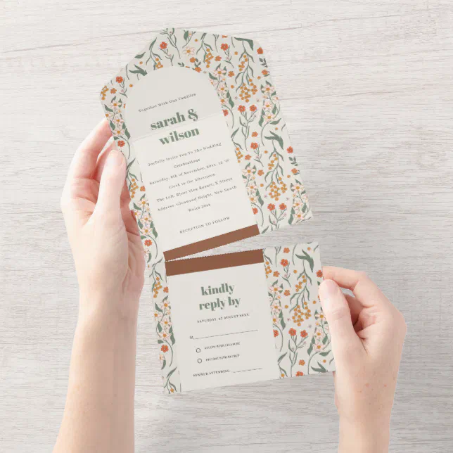 Rust Orange Groovy Retro Arch Floral Wedding All In One Invitation | Zazzle