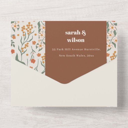 Rust Orange Groovy Retro Arch Floral Wedding All In One Invitation | Zazzle