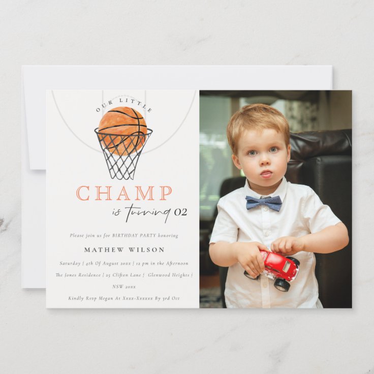 Rust Our Little Champ Basketball Photo Birthday Invitation | Zazzle