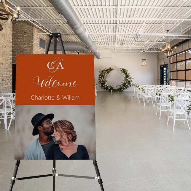 Rust photo monogram wedding welcome sign | Zazzle