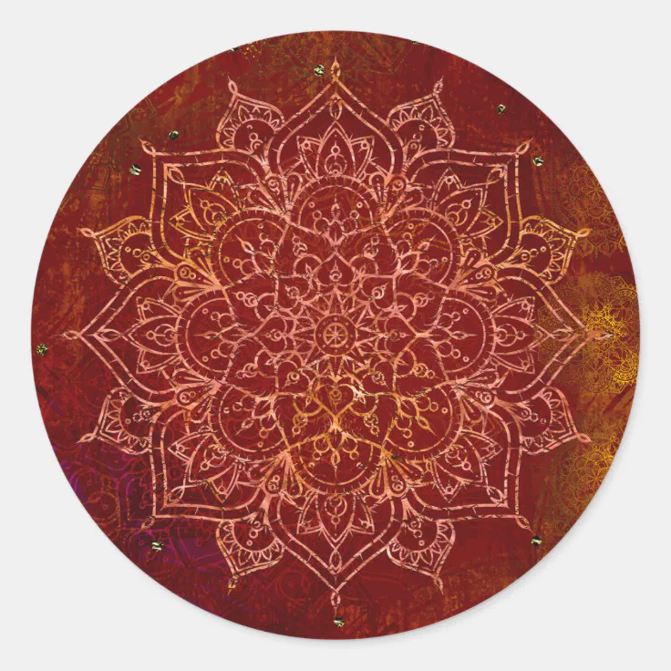 Rust Red Mandala Gold Glam Modern Chic Classic Round Sticker | Zazzle