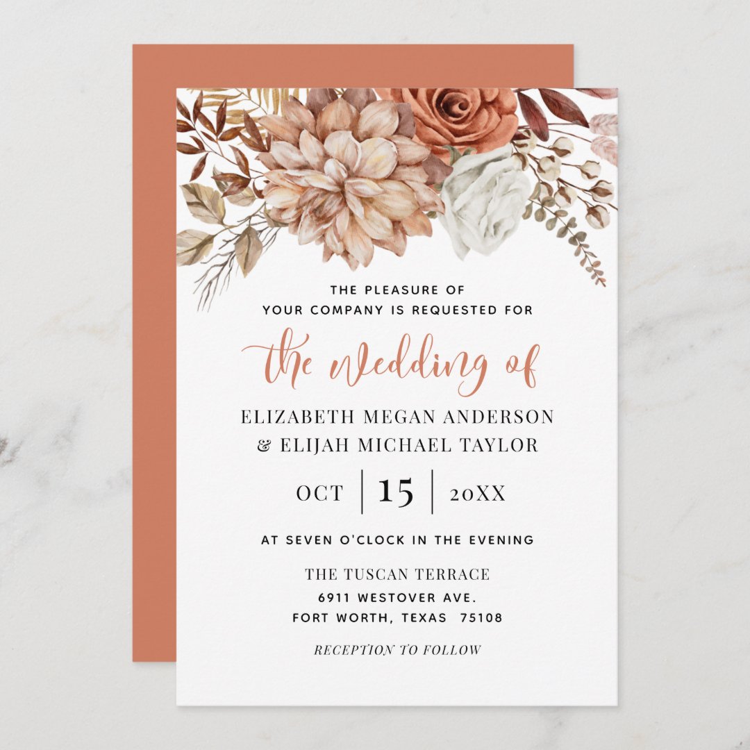 Rust Terracotta Fall Floral Wedding Invitation | Zazzle