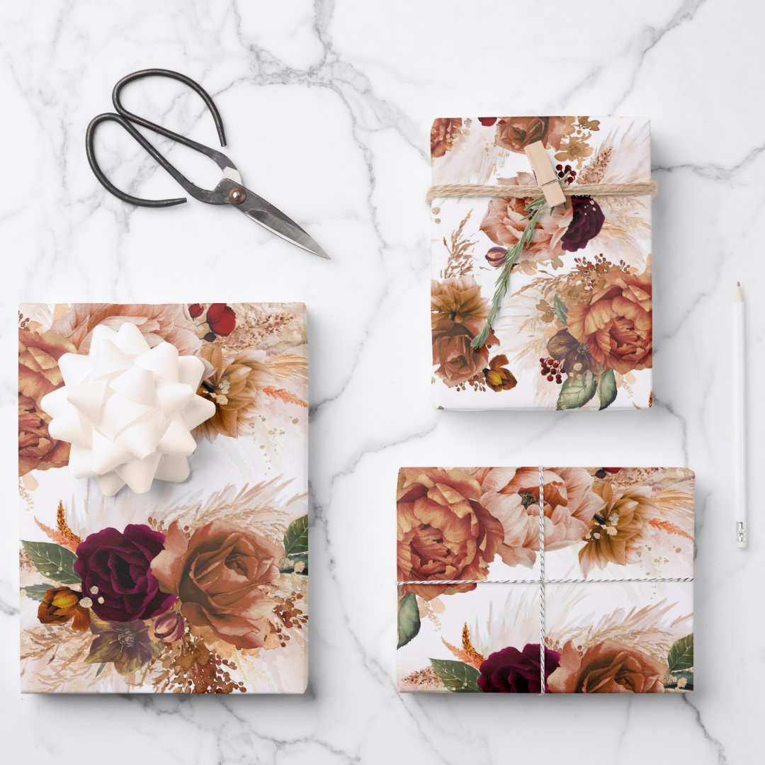 Rust Terracotta Floral Pampas Grass Botanical Wrapping Paper Sheets ...