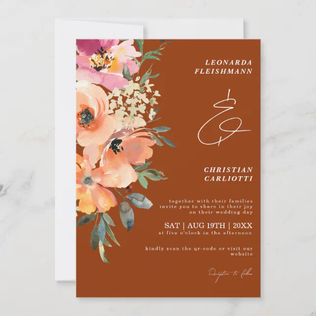 Rust Terracotta Floral Wedding Invitation | Zazzle